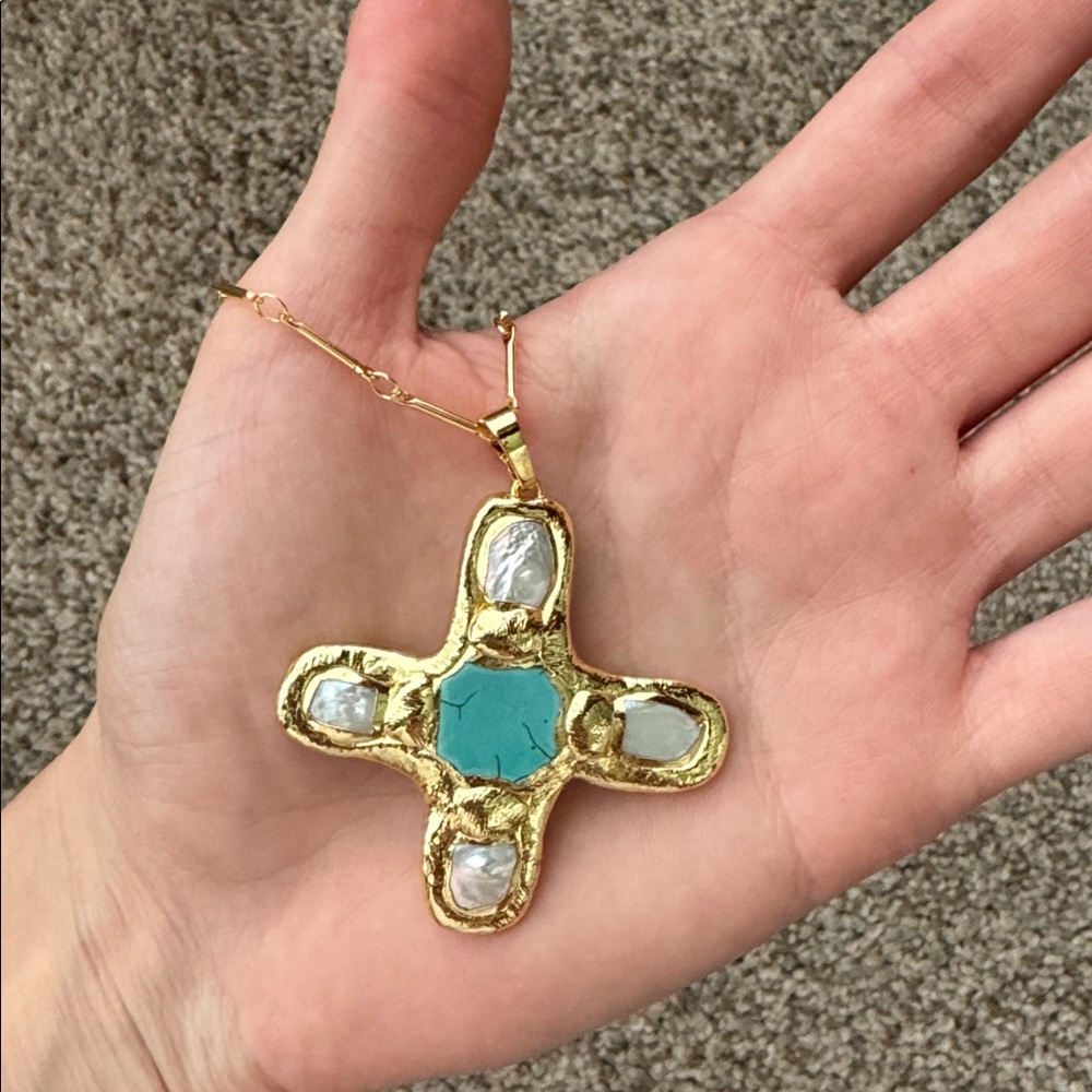Jewelry | Gold Plated Pearl And Sage Cross Pendant Necklace | Poshmark